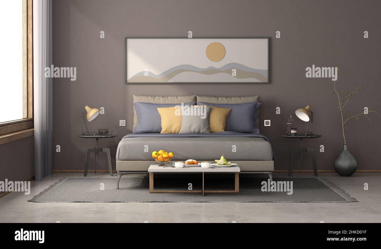 Minimalist bedroom with double bed against brown wall and frame with ...