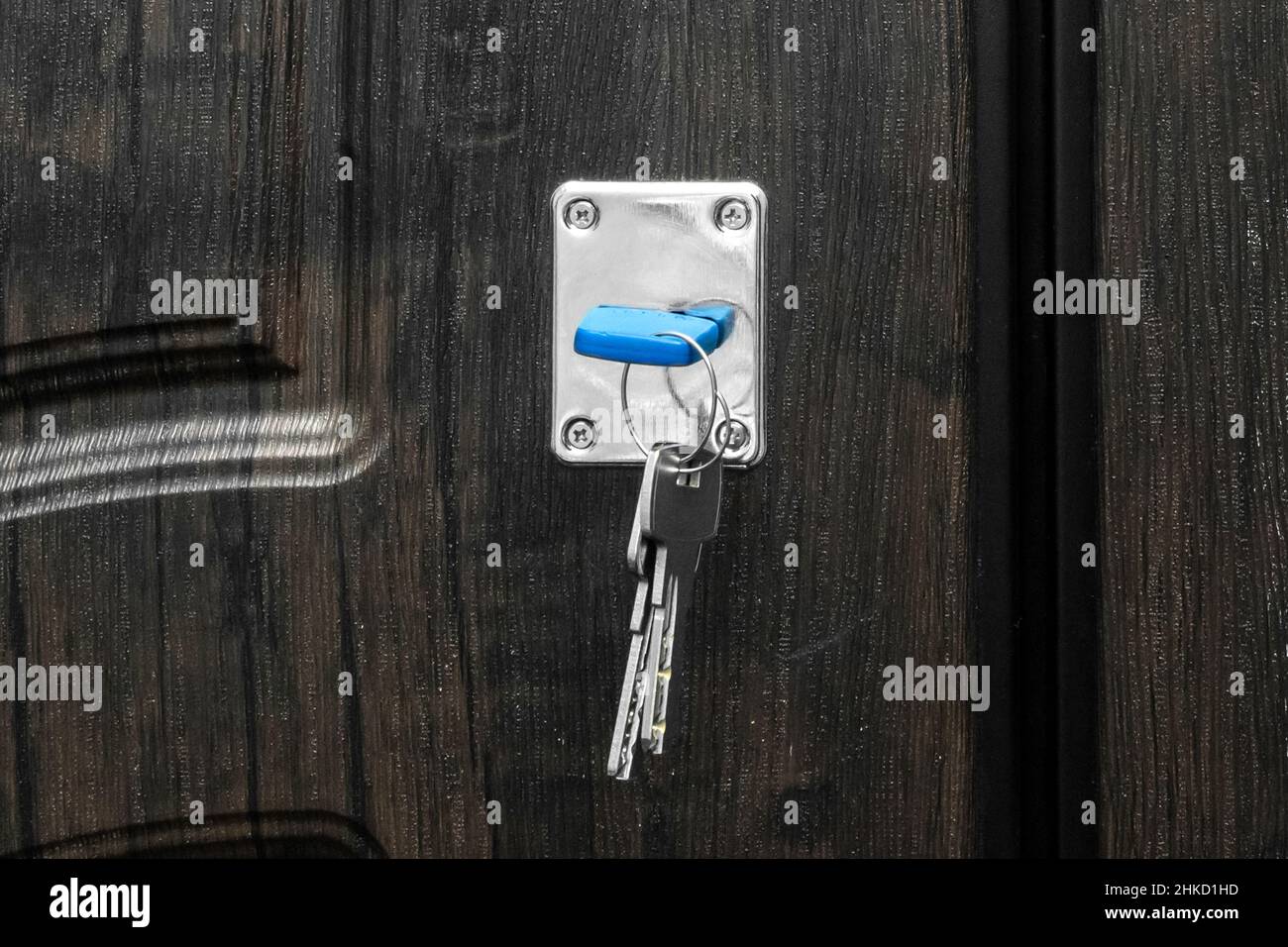 The keychain sits in the door lock as you open or close the entry or ...