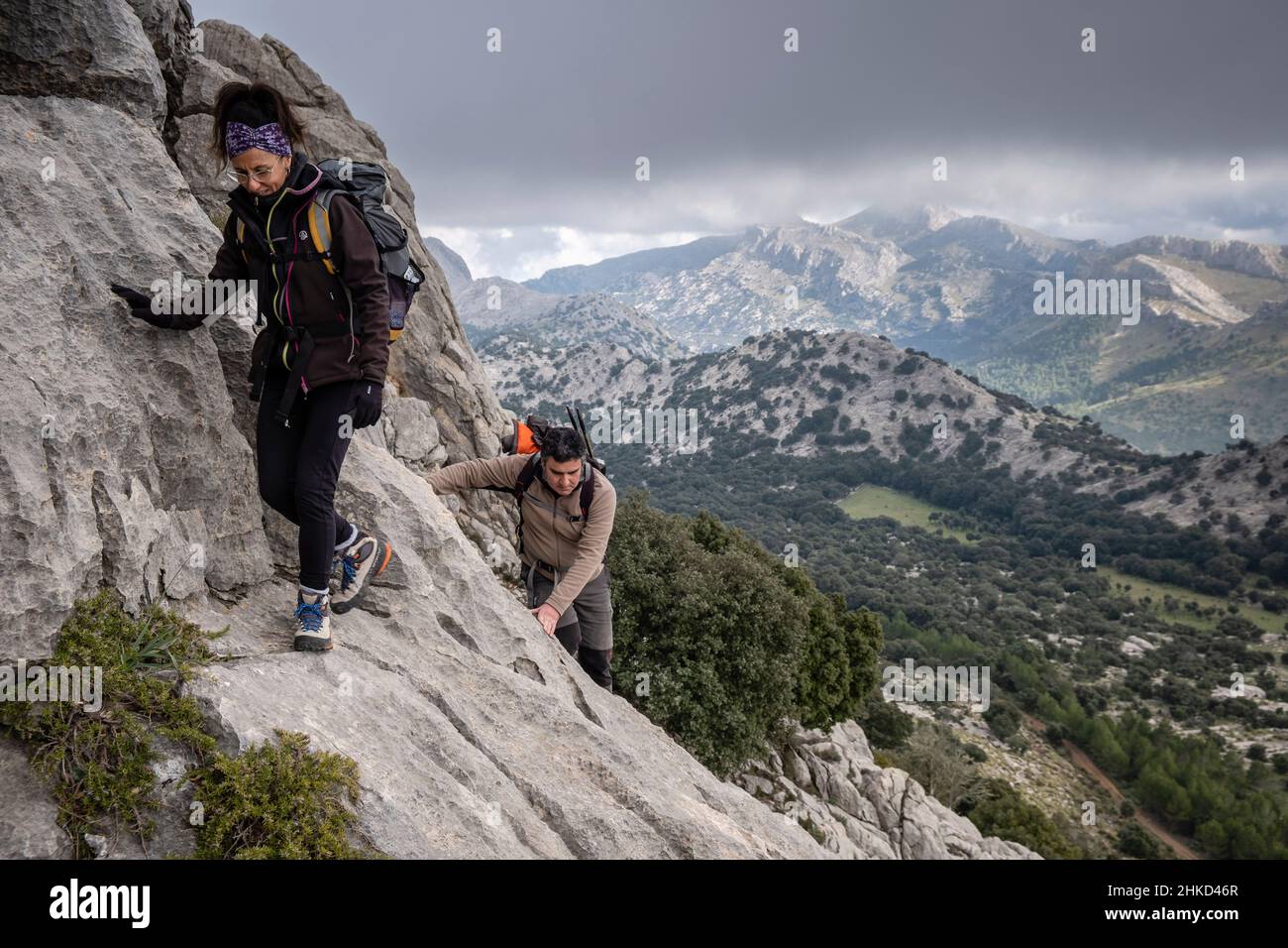 mountaineers on the edge of Son Torrella sierra, Fornalutx, Mallorca ...