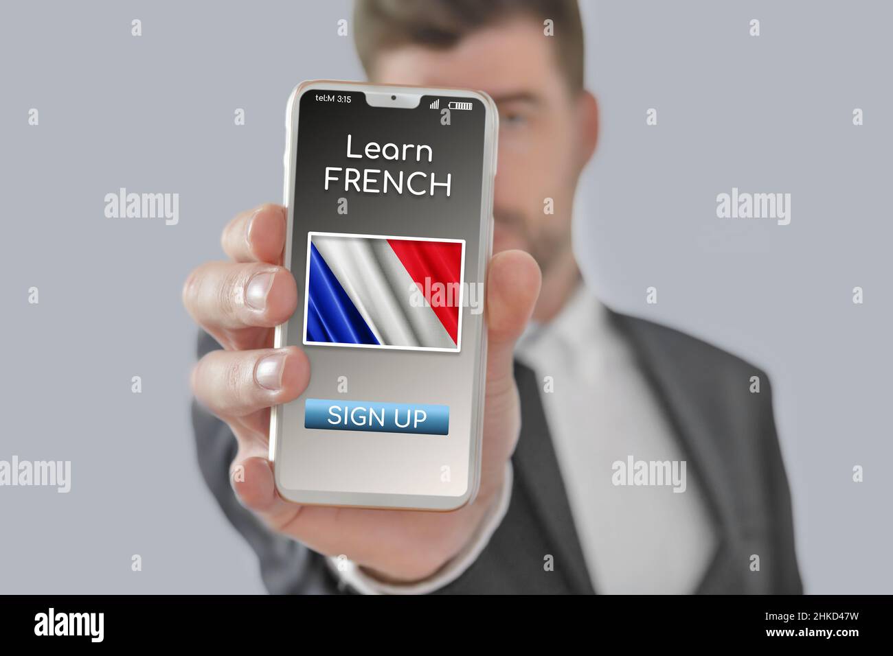 Online concept learn French language with a person showing e-learning ...