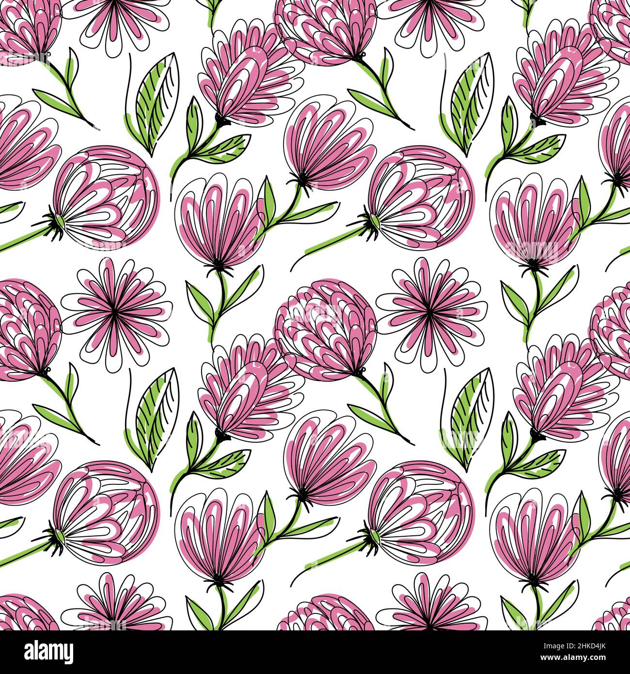 A seamless pattern of flowers, hand-drawn elements in a doodle style ...