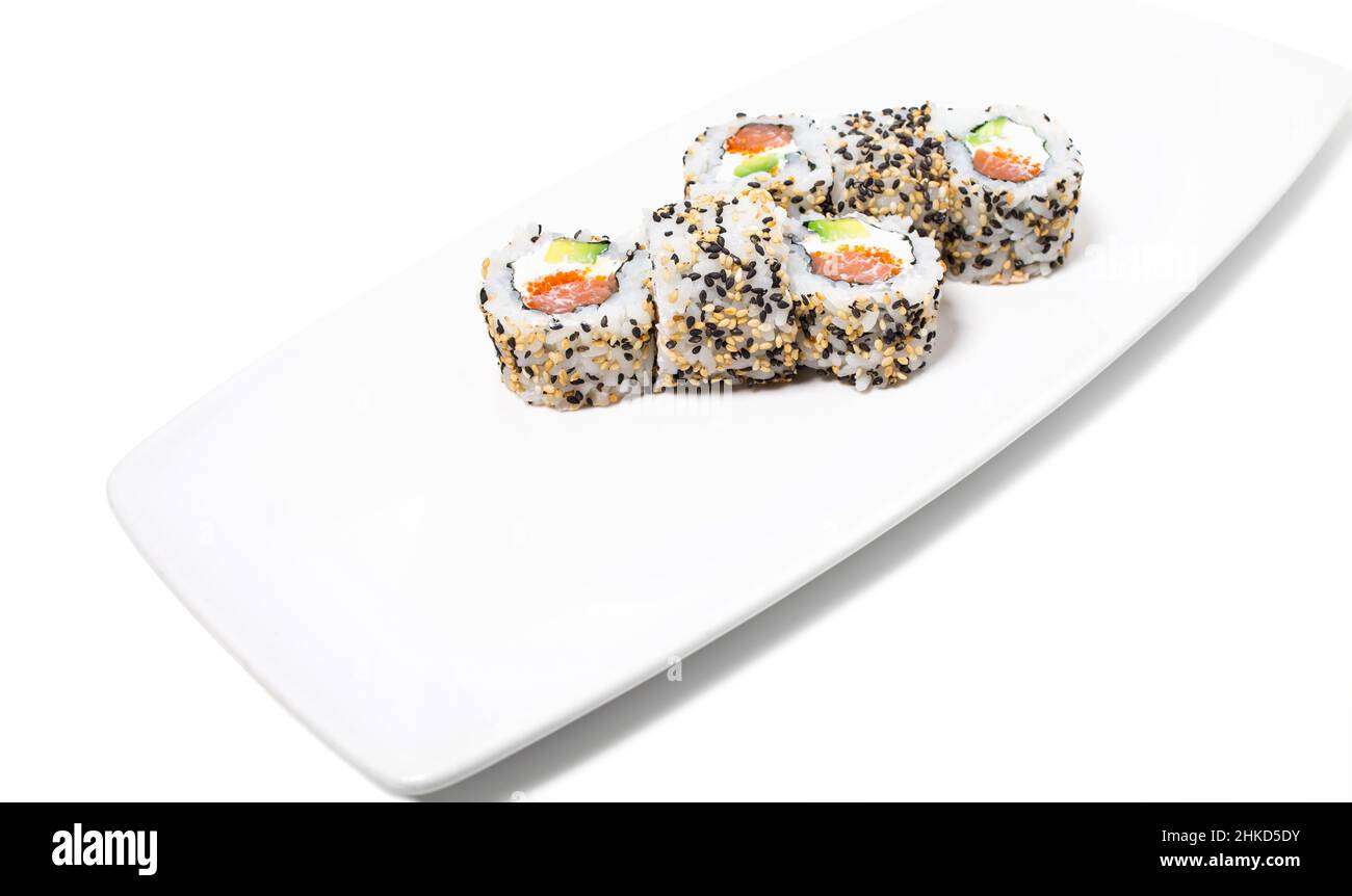 American sushi alaska roll with salmon. Isolated on a white background ...