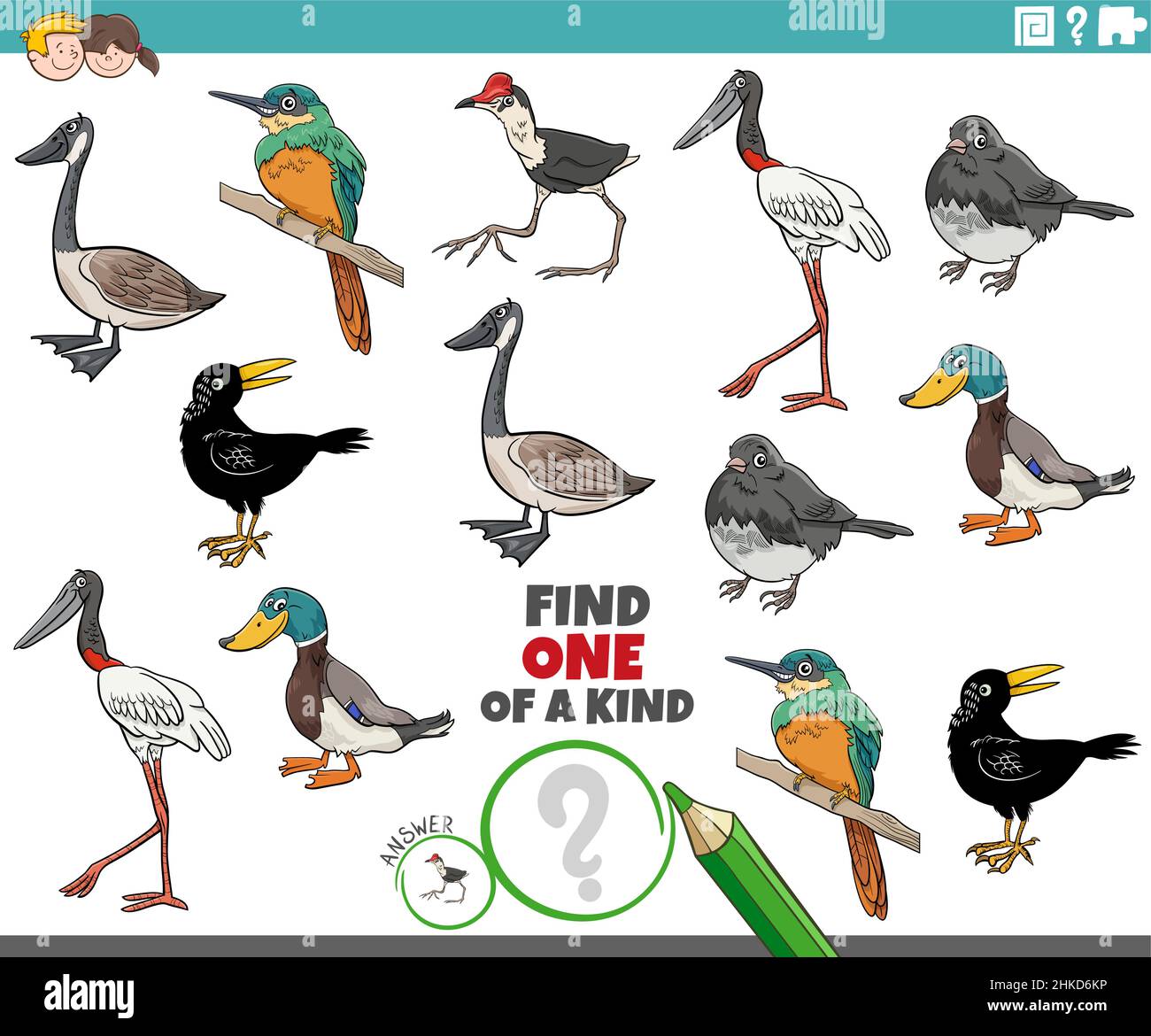 Cartoon illustration of find one of a kind picture educational game ...