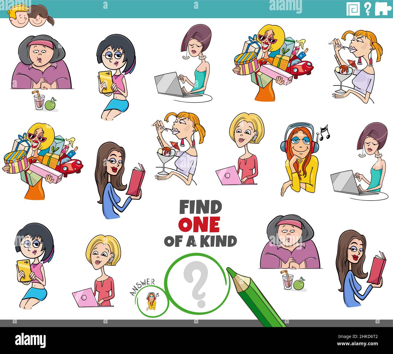 Cartoon illustration of find one of a kind picture educational game ...