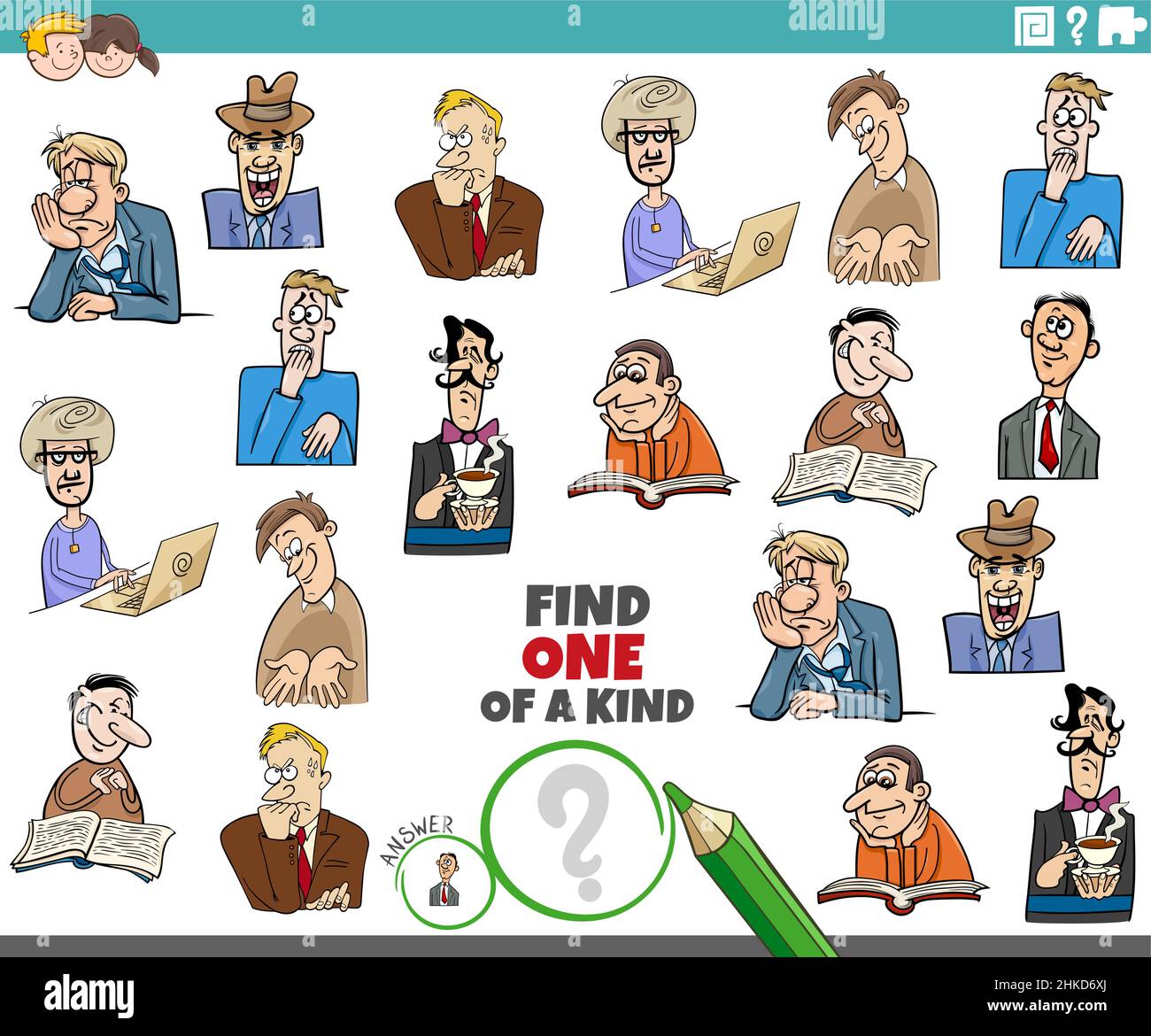 Cartoon illustration of find one of a kind picture educational game ...