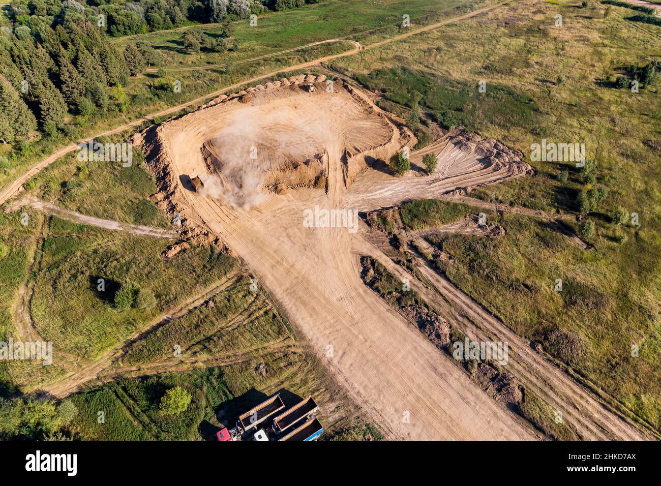 Removal of overburden on a piece of land before sand pit mining, aerial ...