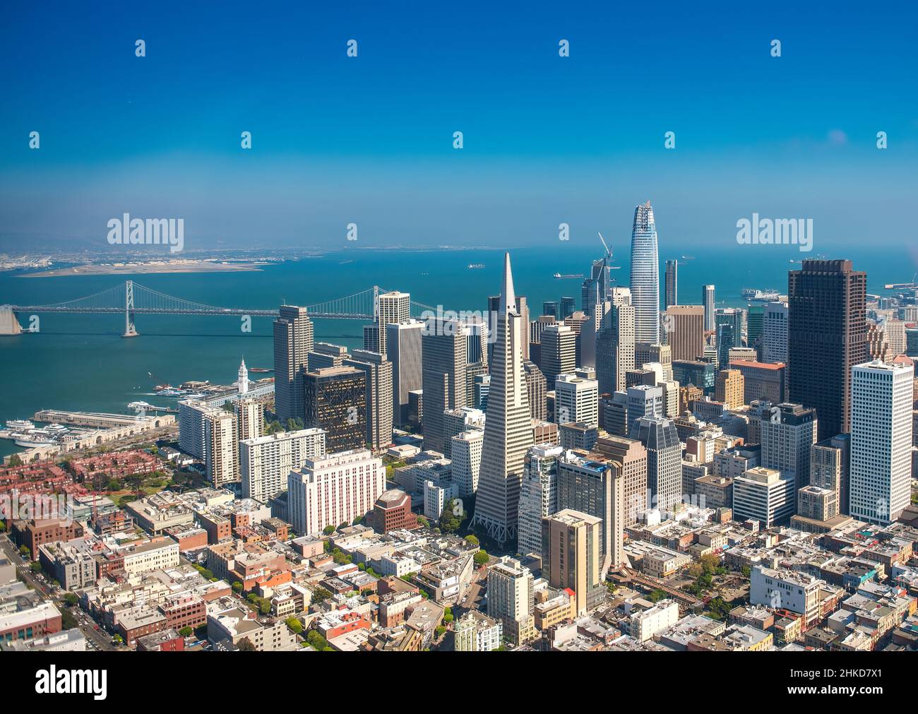 Aerial view of Downtown San Francisco and Bay Bridge from helicopter ...