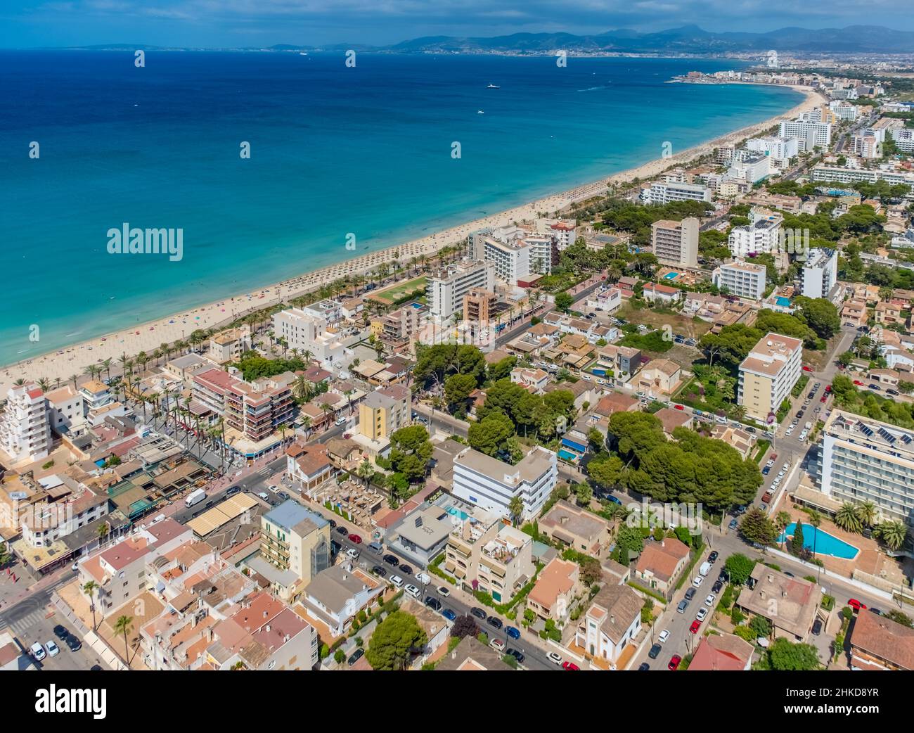 Aerial view, Bay of Palma, sandy beach Platja de s'Arenal and hotel ...