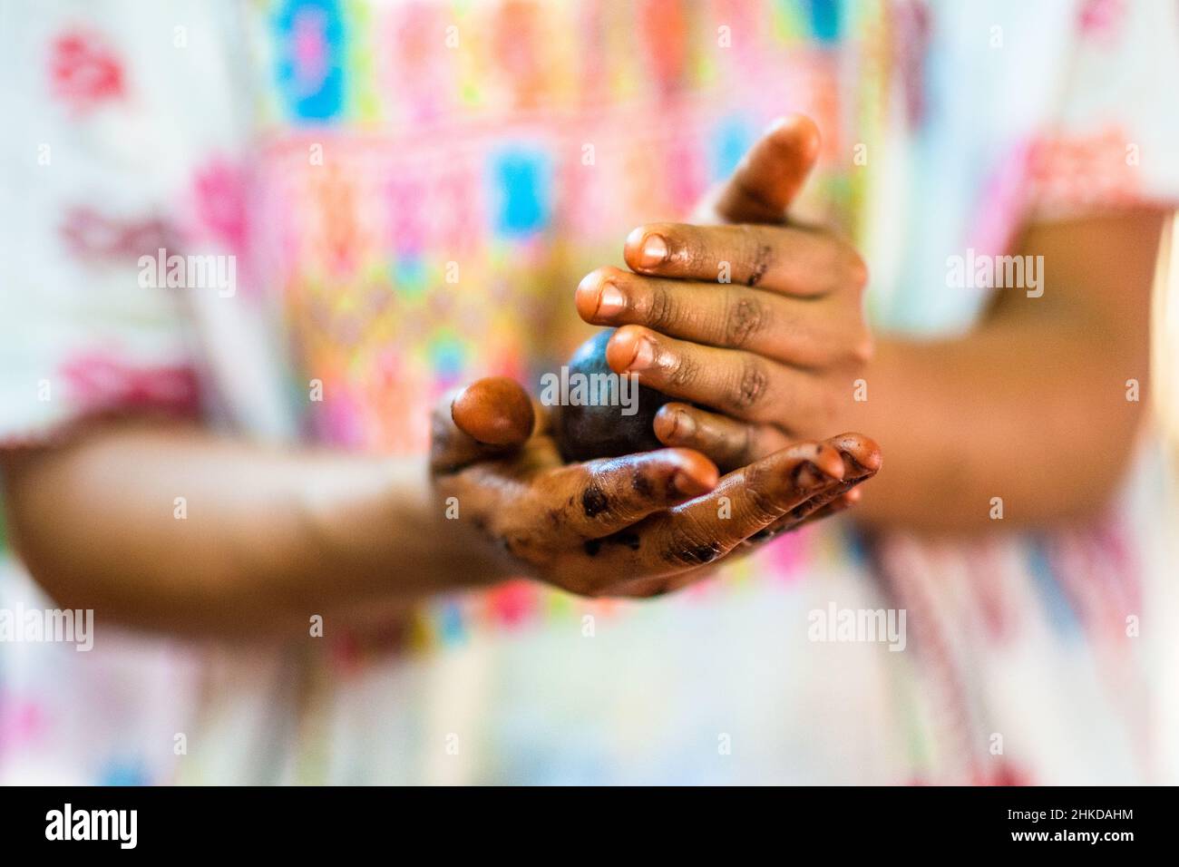 An indigenous woman rolls the raw cacao paste into balls, used for hot ...