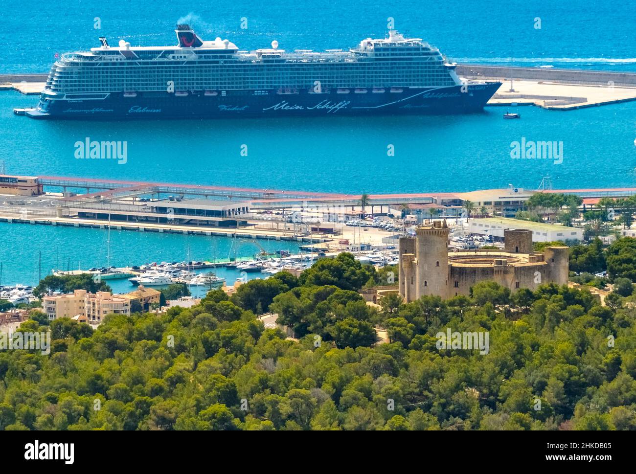Aerial view, Castell de Bellver, cruise ship in harbour, Palma ...