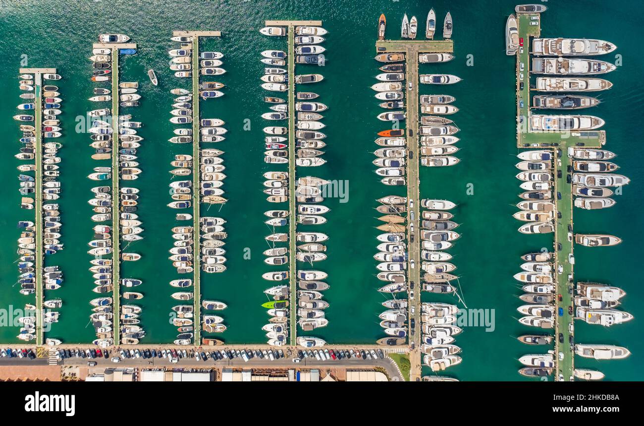 Aerial view, boats in the yacht harbour Puerto Portals, Portals Nous ...