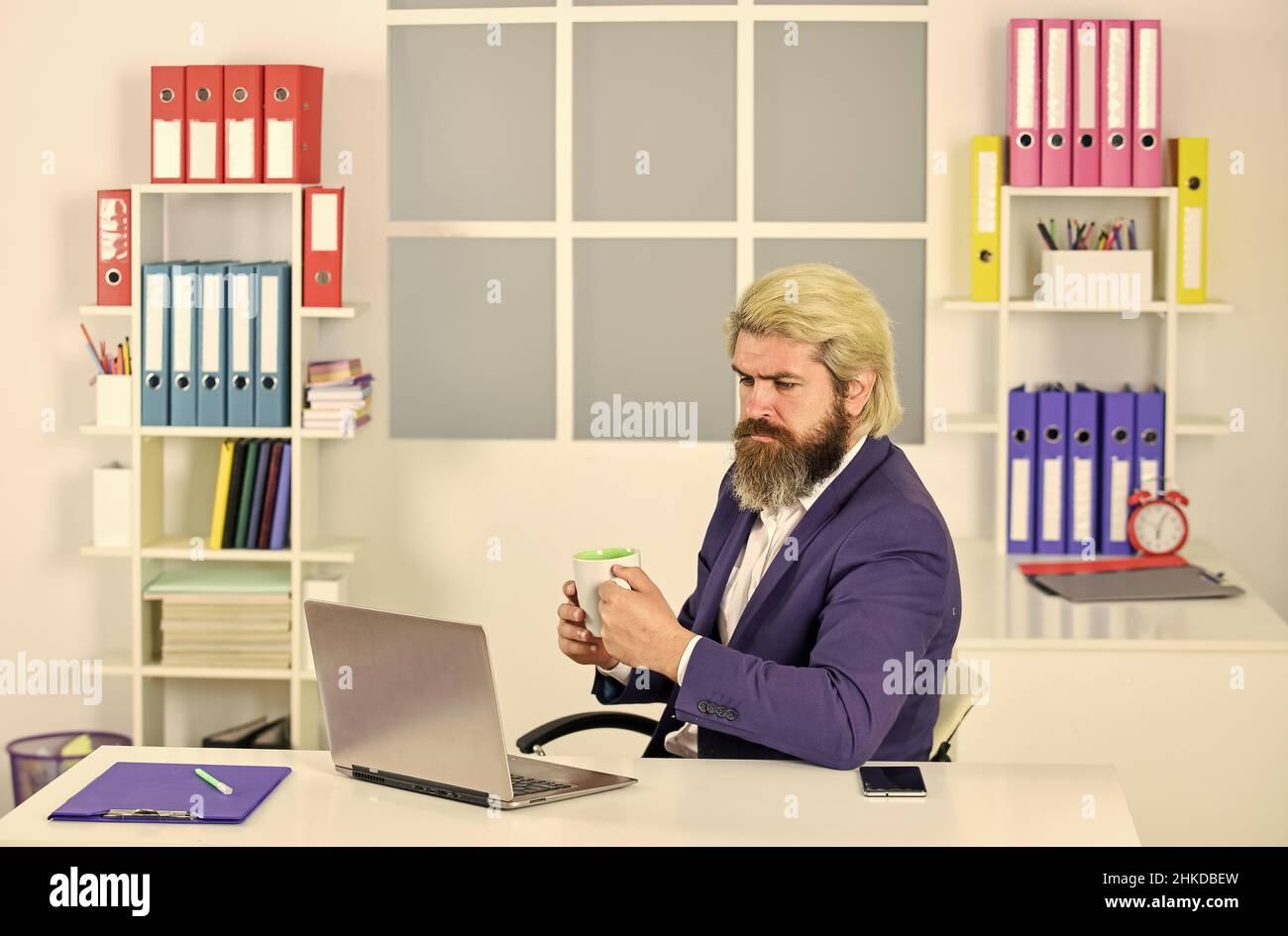 better opportunity. mature male boss. businessman drink morning coffee ...