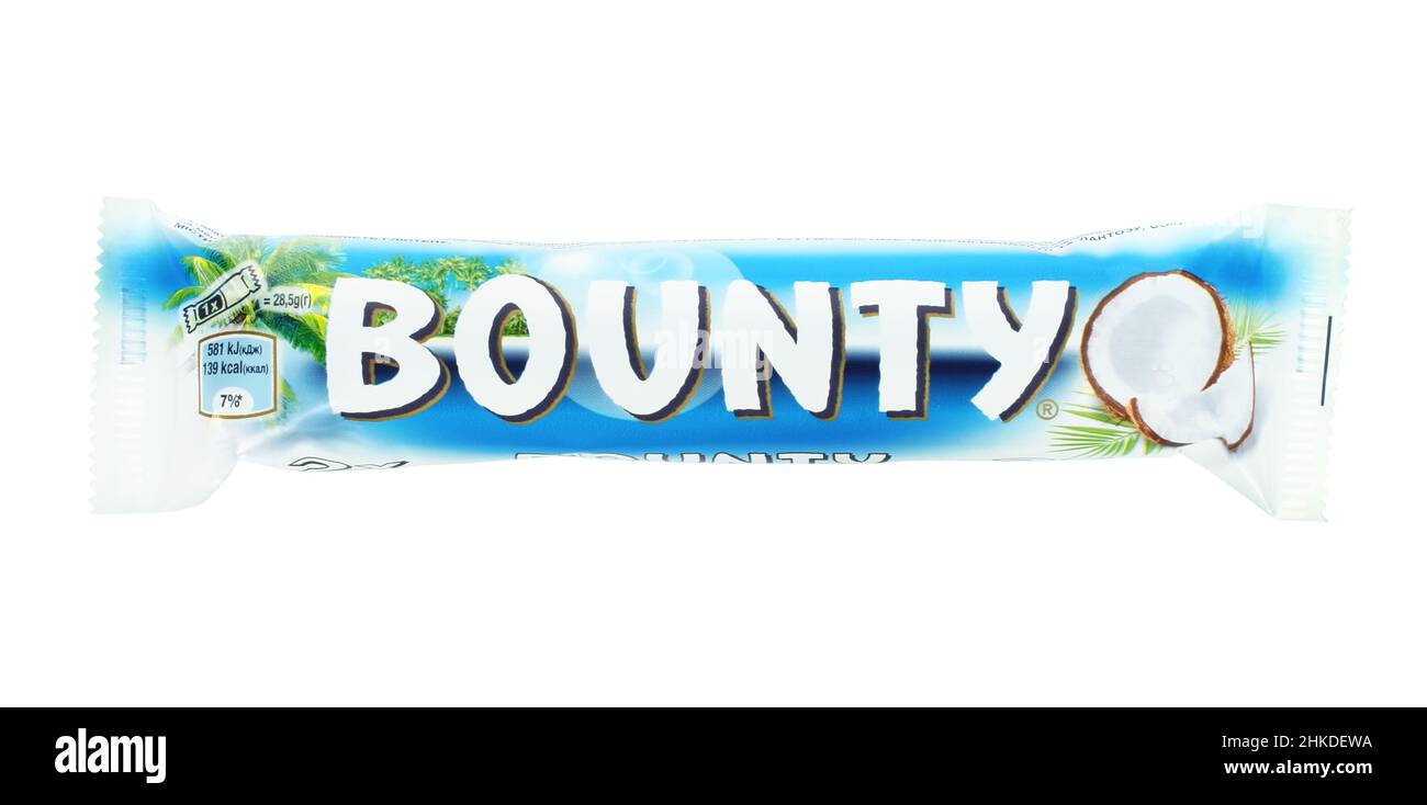 Kiev, Ukraine - December 13, 2021: Bounty coconut candy chocolate bar ...