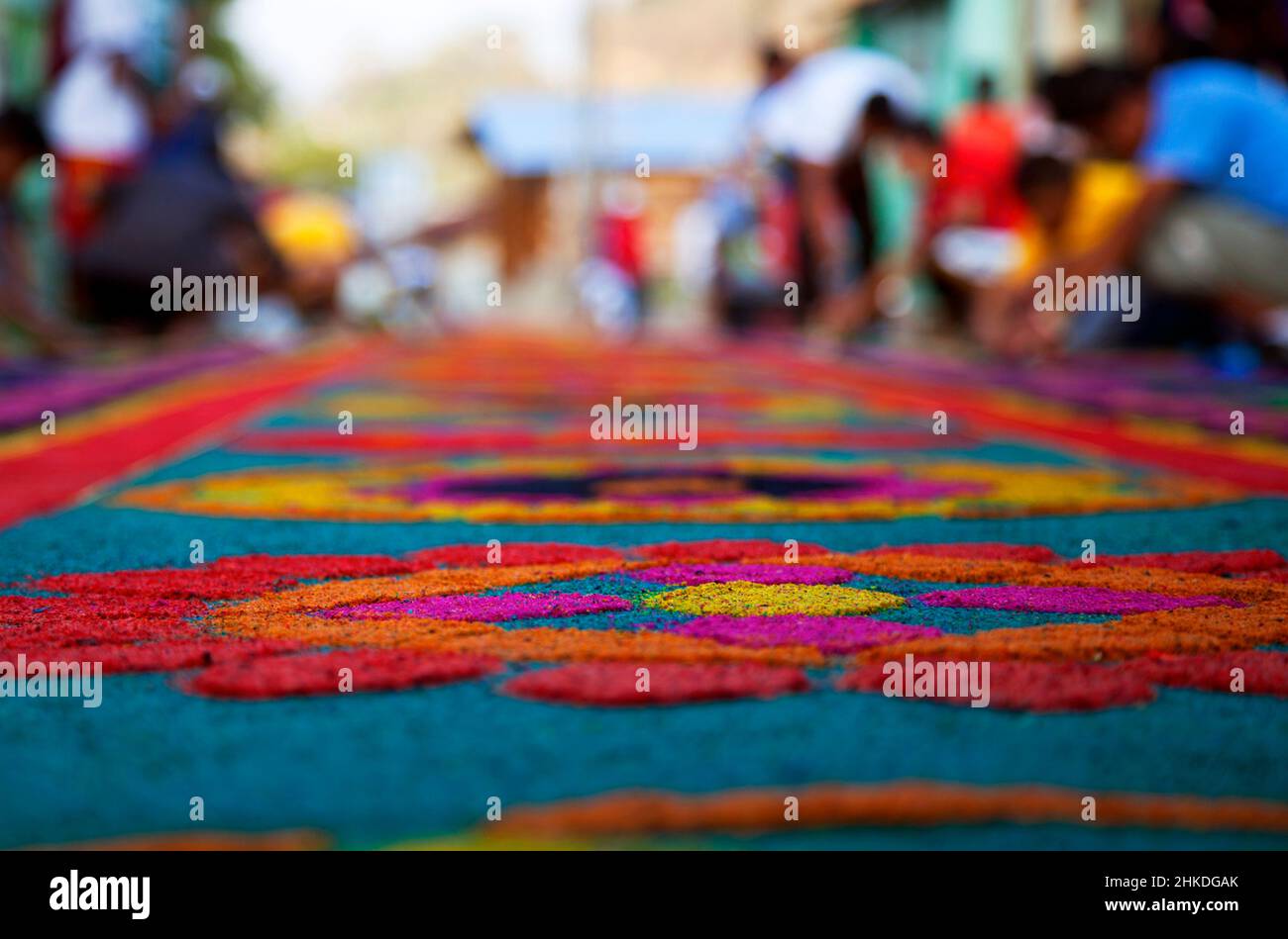 Street screen of locals producing alfombra, sawdust carpets with ...