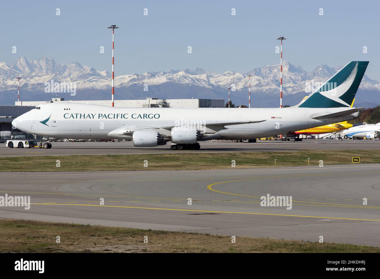 A Cathay Pacific Cargo Boeing 747-800 freighter heading to the stand to ...