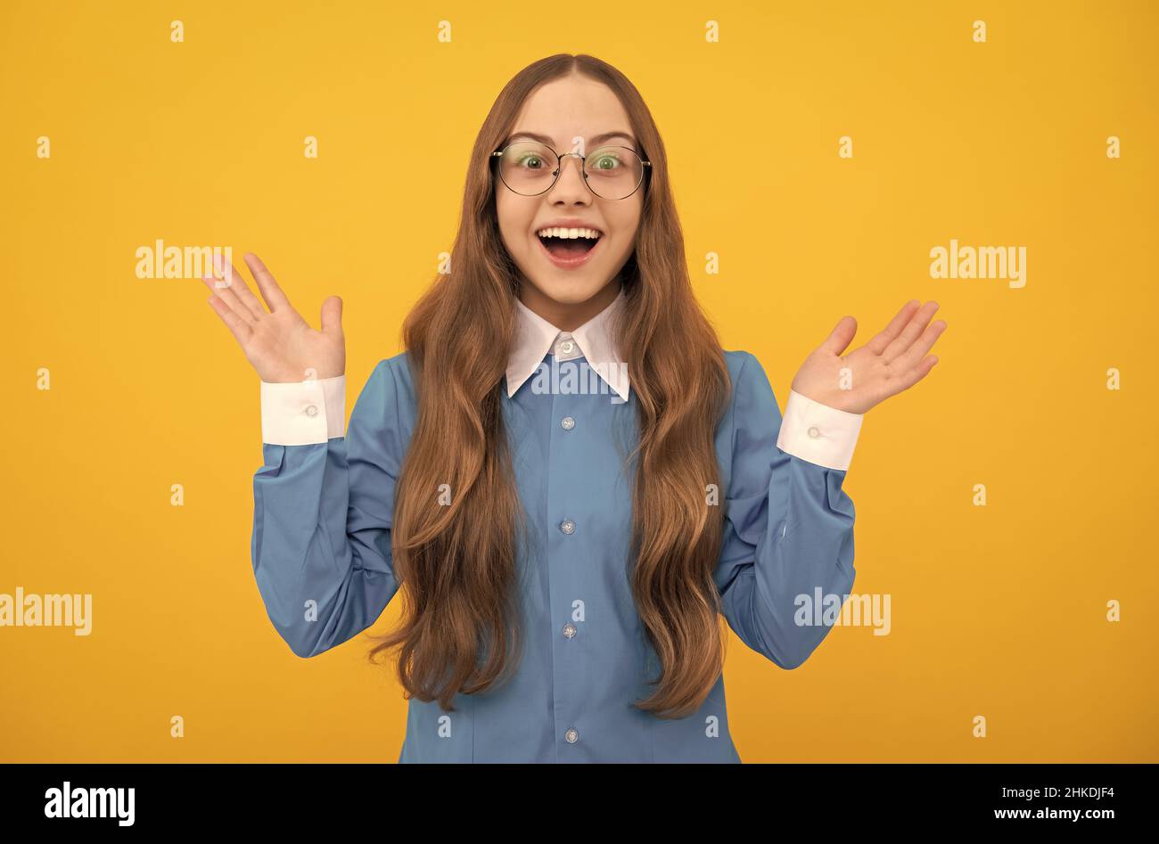 Beaming with happiness. Happy girl yellow background. Happy girlhood ...