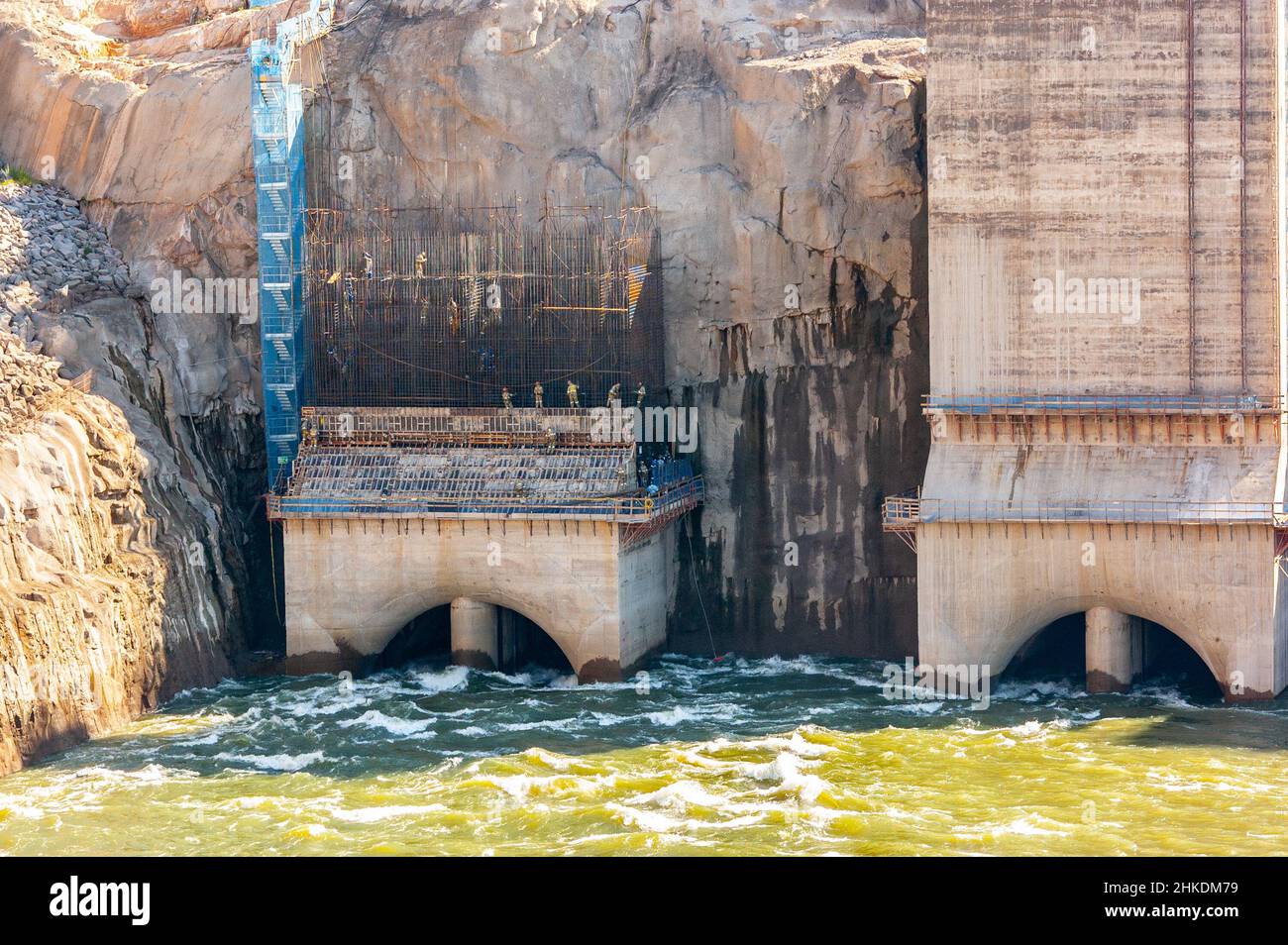 Upstream view of the Hydroelectric dam construction site in the Teles ...