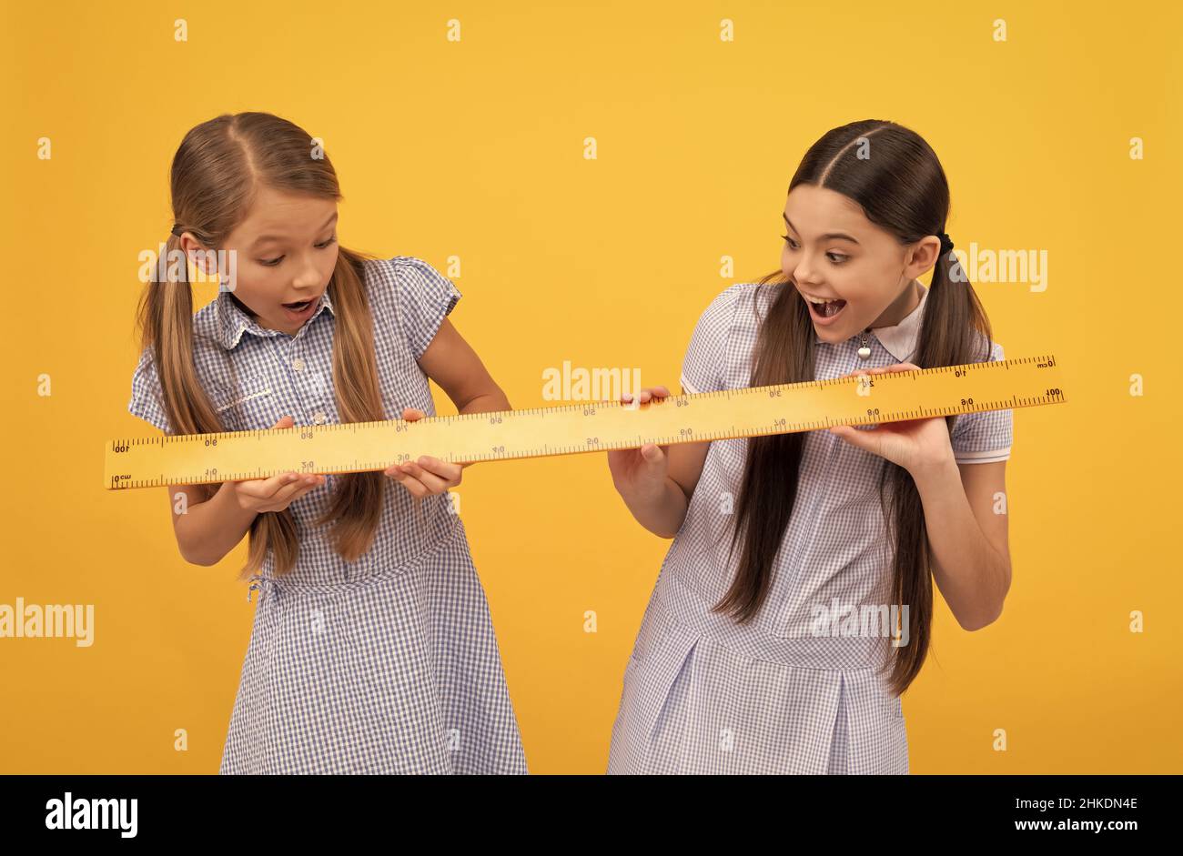 Surprised elementary school children measure length on geometry lesson ...