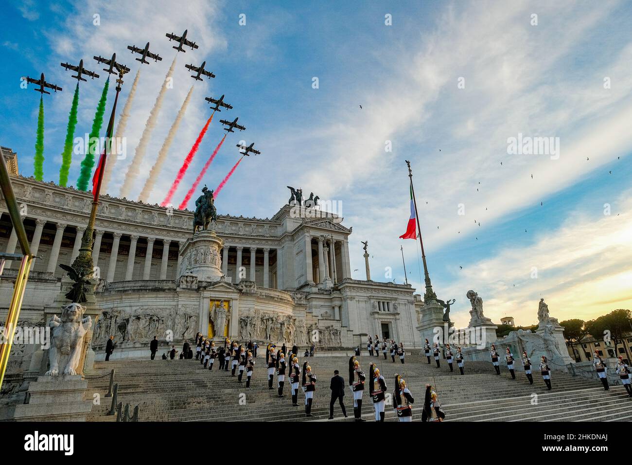 the passage of the tricolour arrows through the skies of rome on the ...