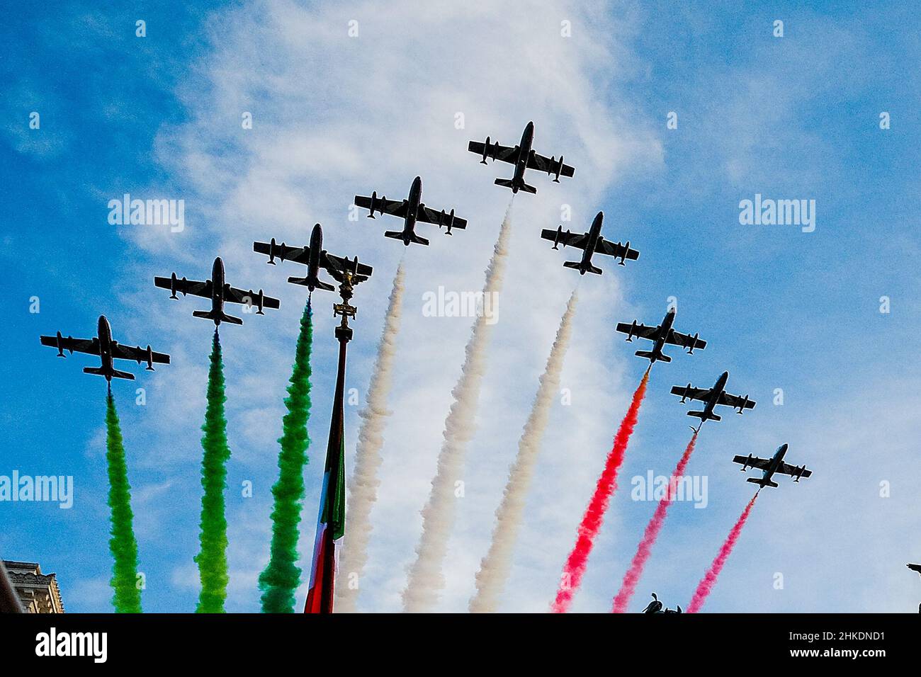 the passage of the tricolour arrows through the skies of rome on the ...