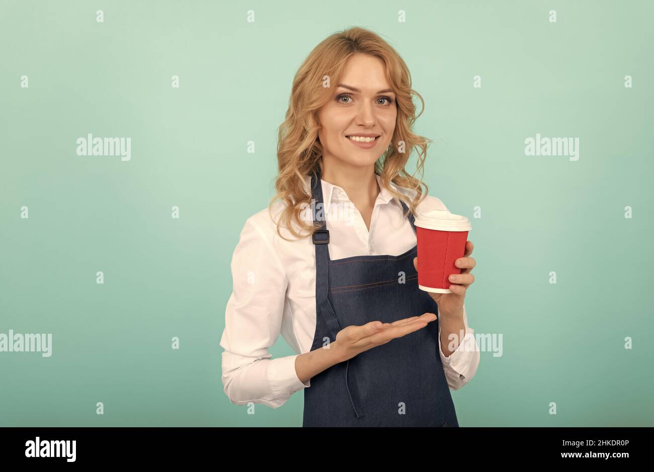happy woman barista in cook apron drink takeaway coffee, barista Stock ...