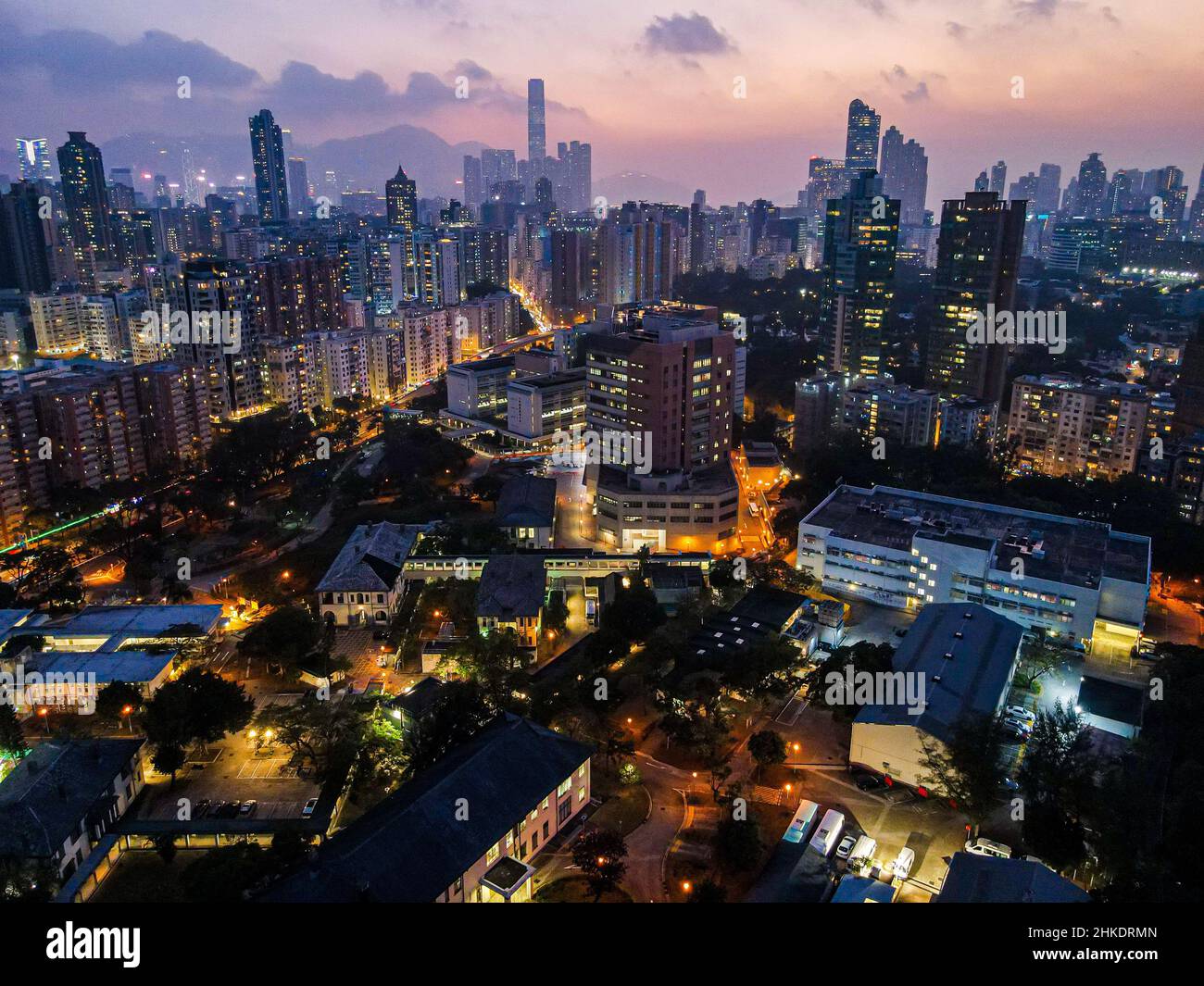 Beautiful drone shot of a Prince Edward Road in the nighttime in Hong ...