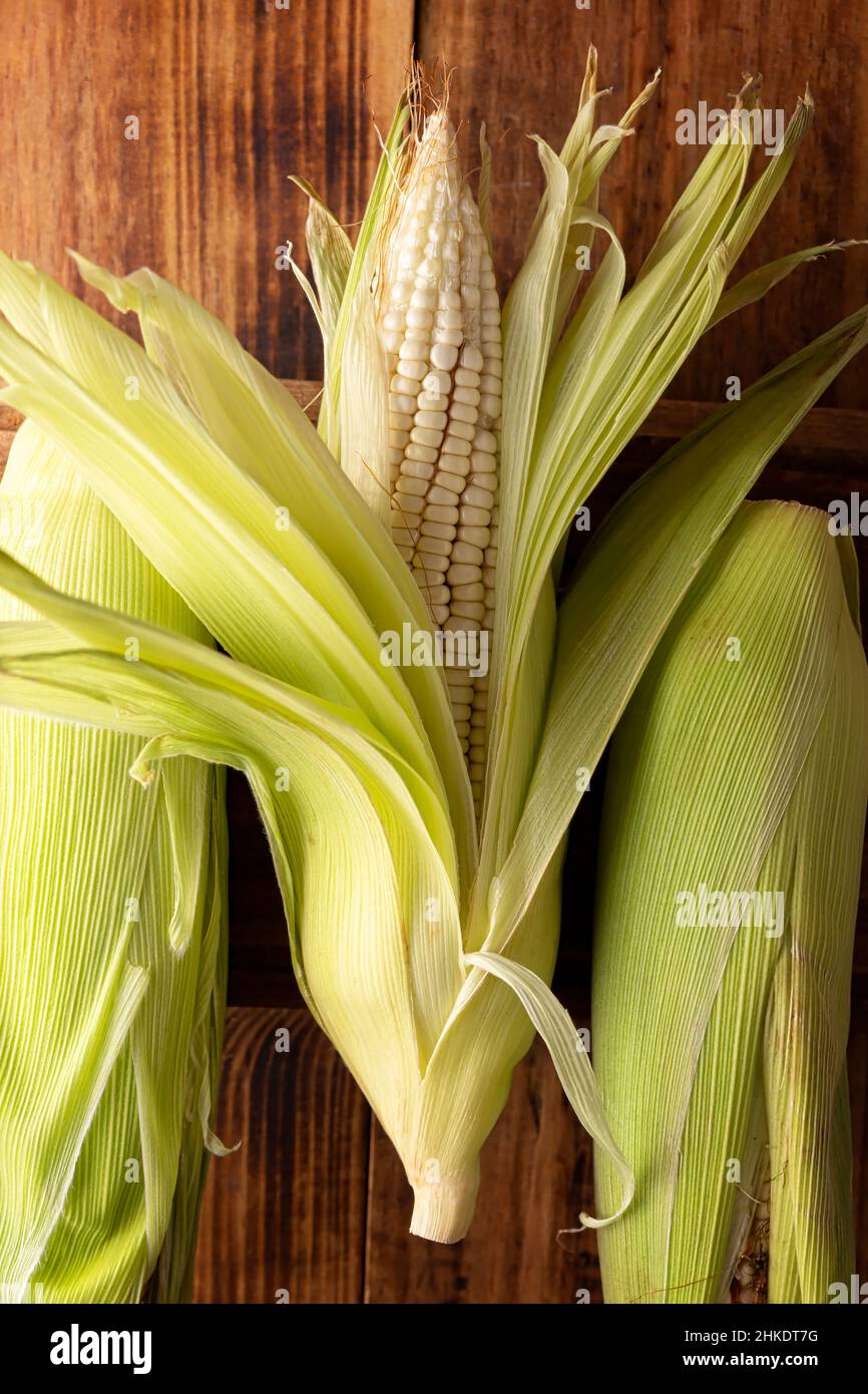 Close up image of raw white corn on the cob on wooden rustic surface ...