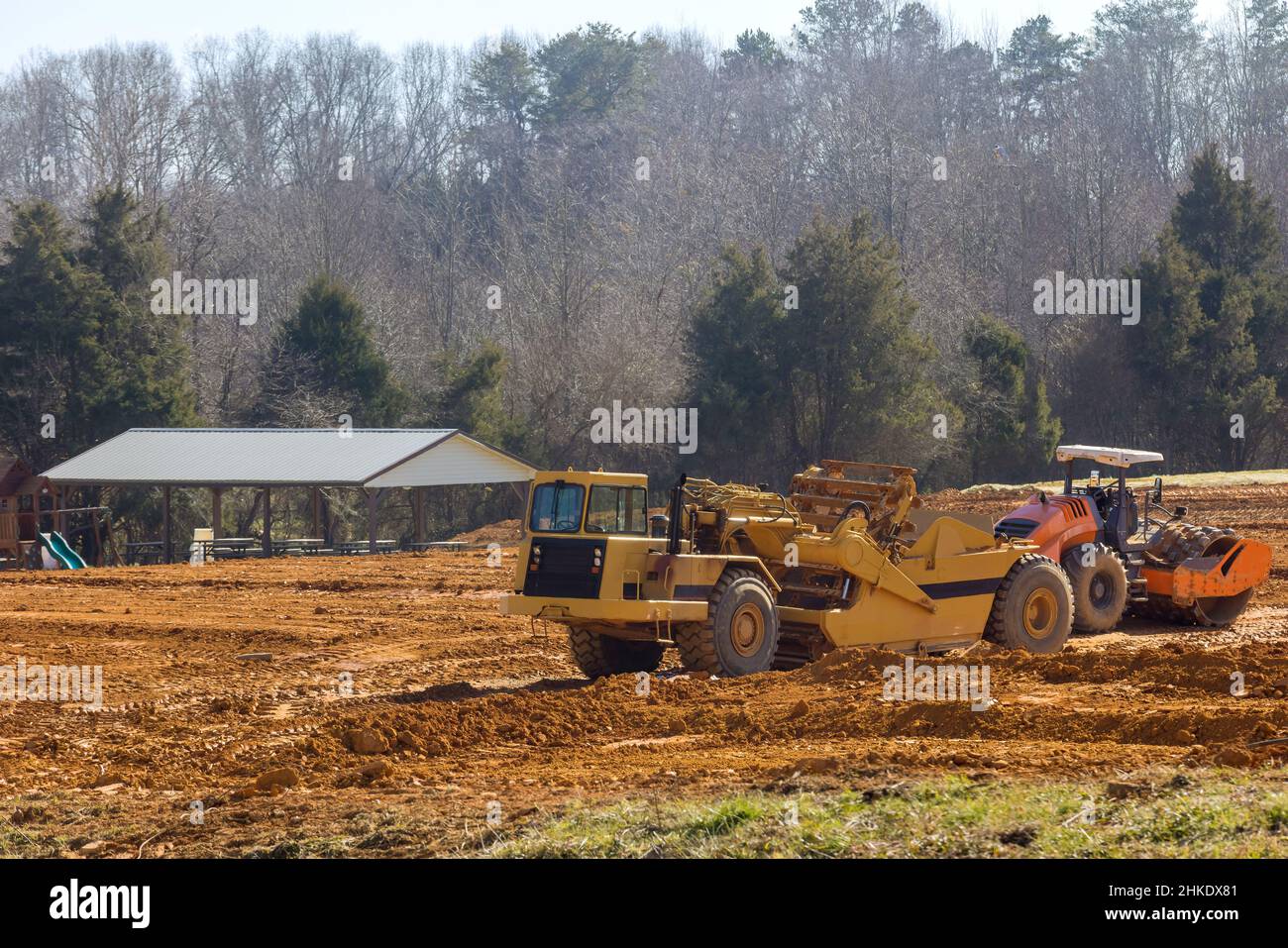 Preparation land for construction site with heavy tractor machinery ...