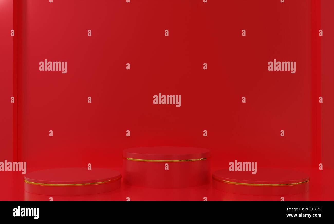 3 red podium with golden ring in the studio room.3d rendering Stock ...