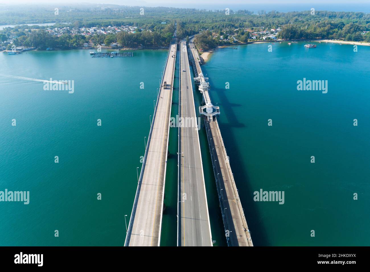 Aerial top view drone shot of bridge with cars on bridge road image ...