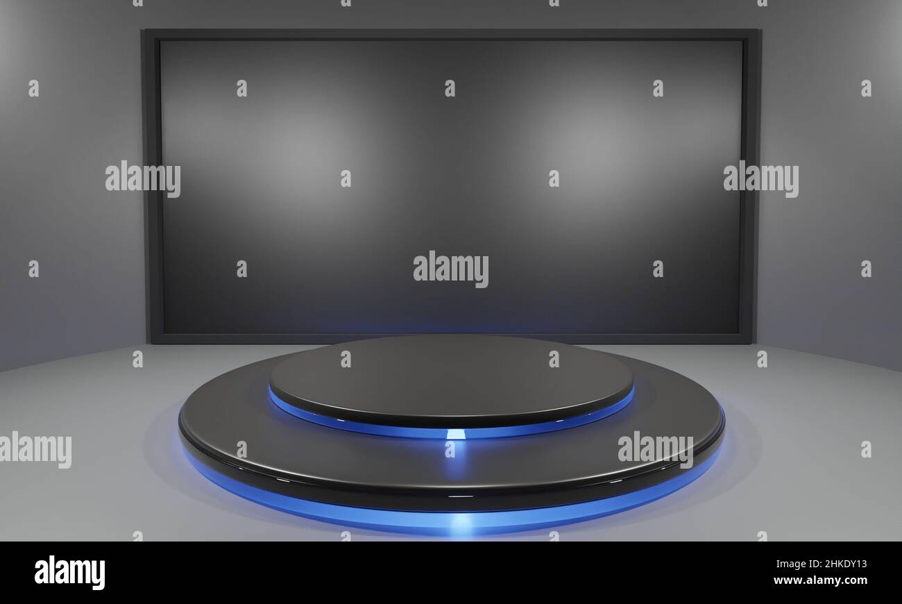 black stand and lcd screen background in the news studio room.3d ...