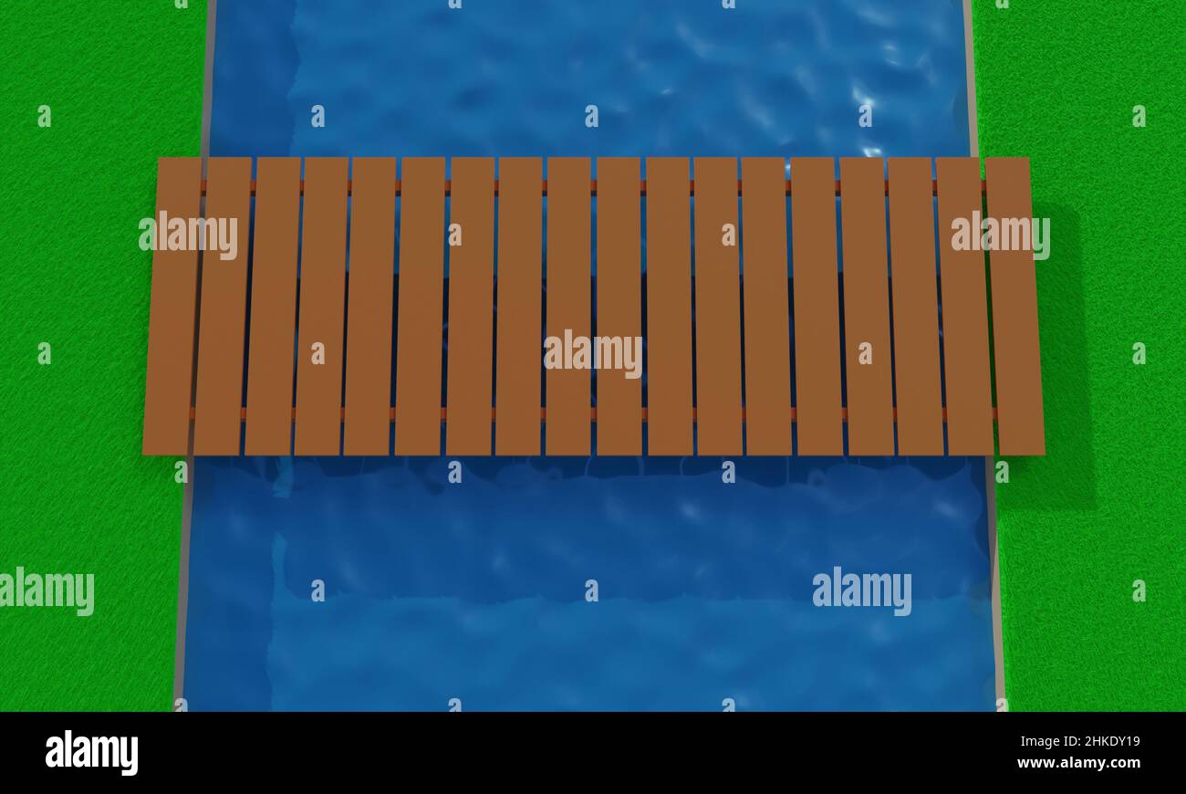 topview wooden bridge on the river in day time.3d rendering Stock Photo ...