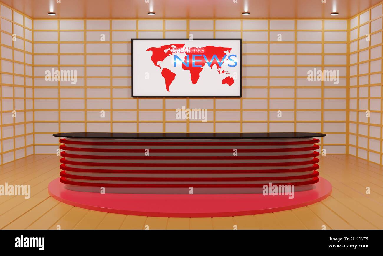 red table and lcd background in the news studio room.3d rendering Stock ...