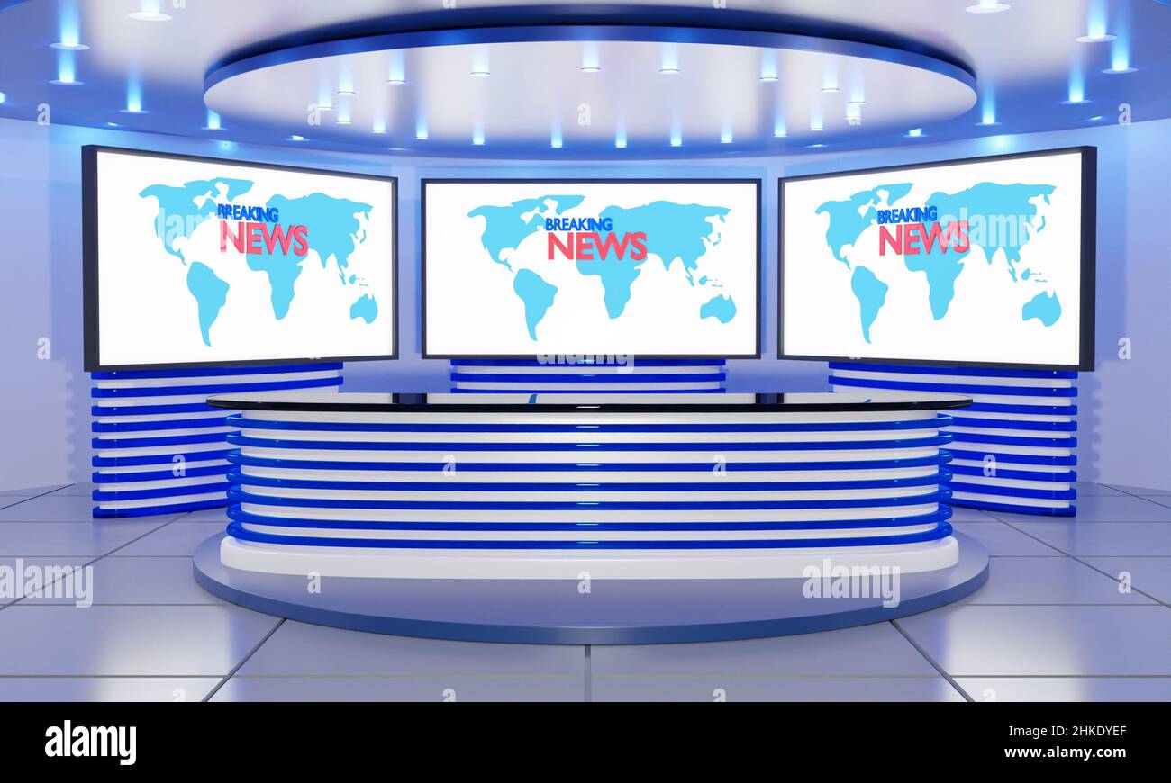 blue table and lcd background in a news studio room.3d rendering Stock ...