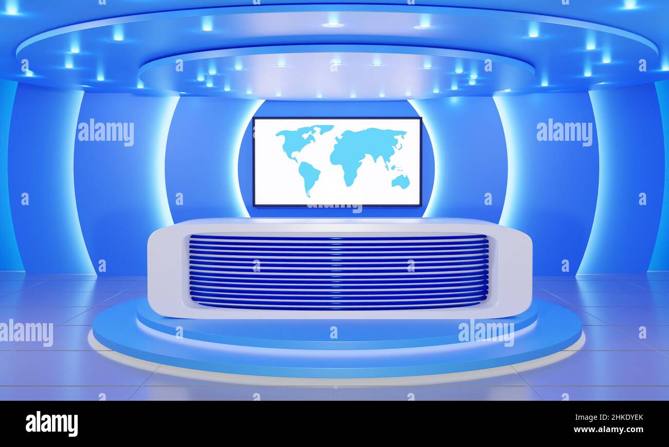 blue table and lcd background in a news studio room.3d rendering Stock ...