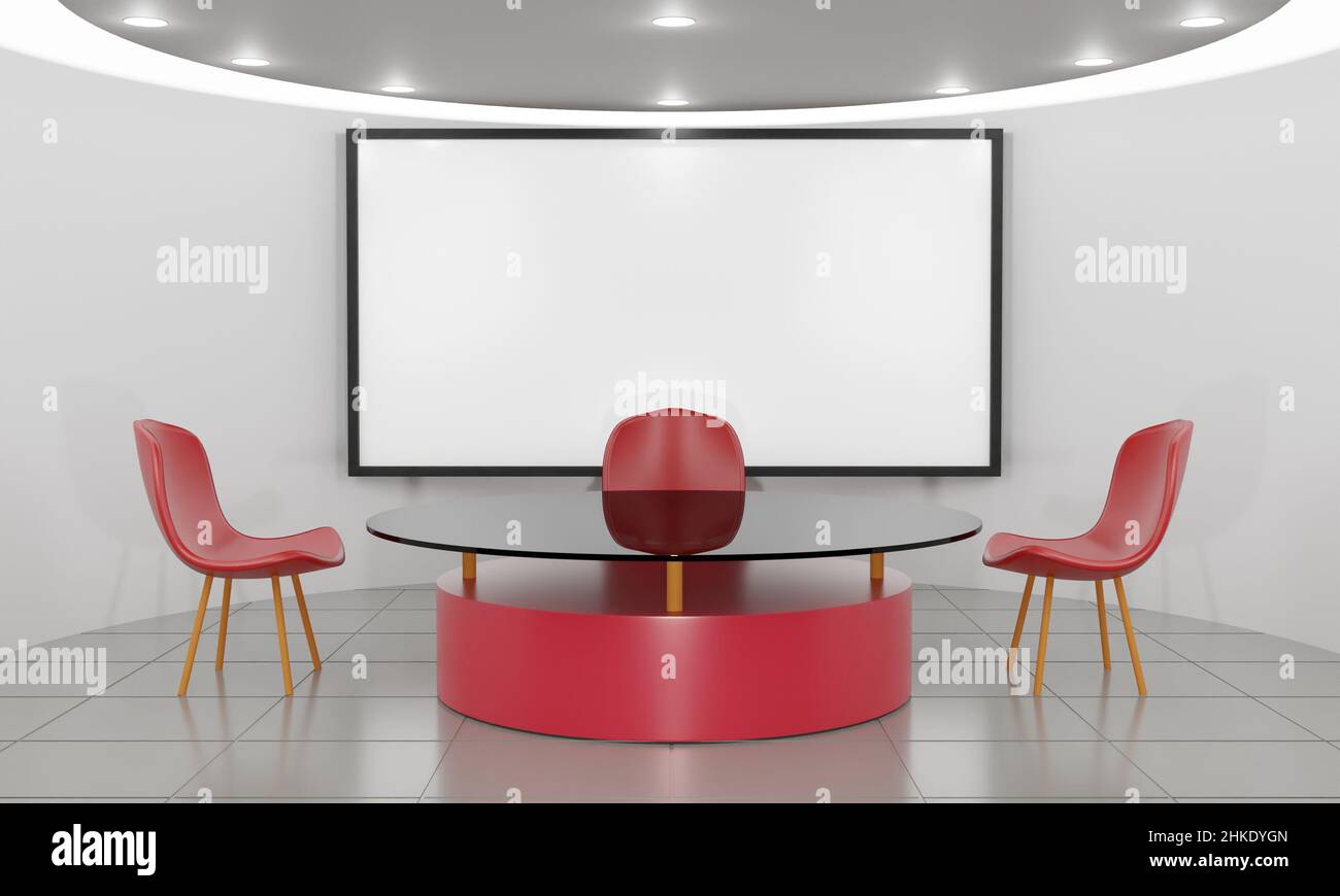 red table and lcd background in the news studio room.3d rendering Stock ...