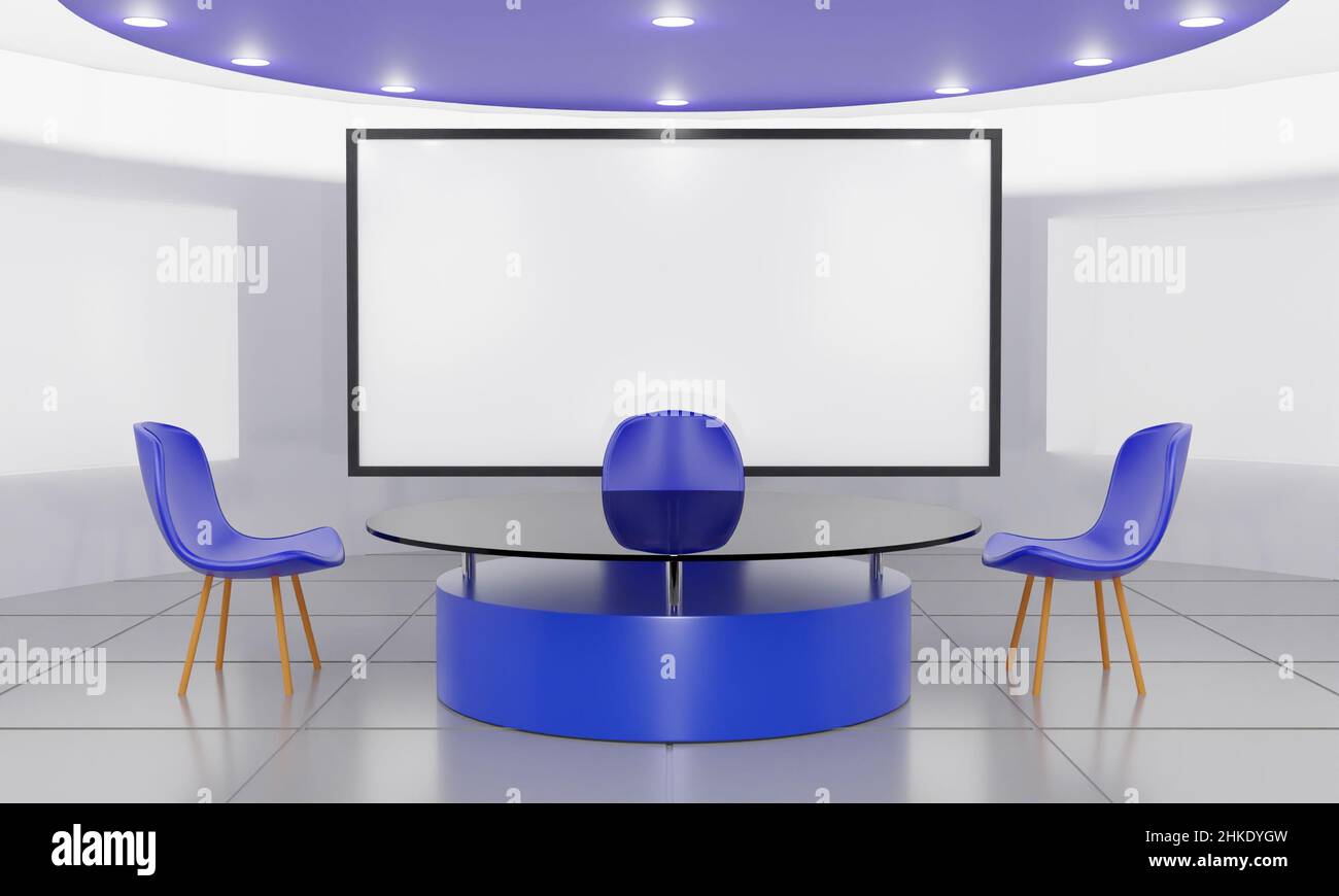 blue table and lcd background in a news studio room.3d rendering Stock ...