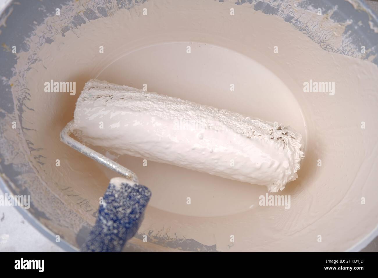 Roller and paint. Construction roller in a bucket with paint.House ...