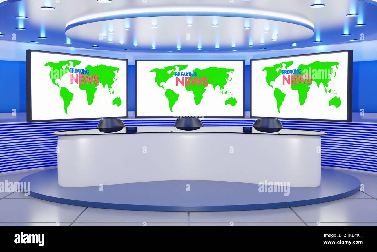 white table on stand with 3 led screen background in a news studio room ...
