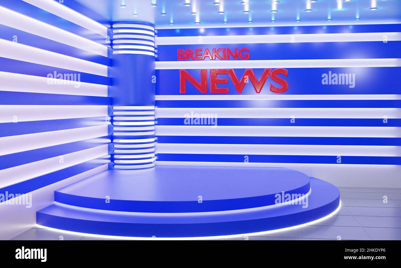 blue stand with blue light background in a news studio room.3d ...