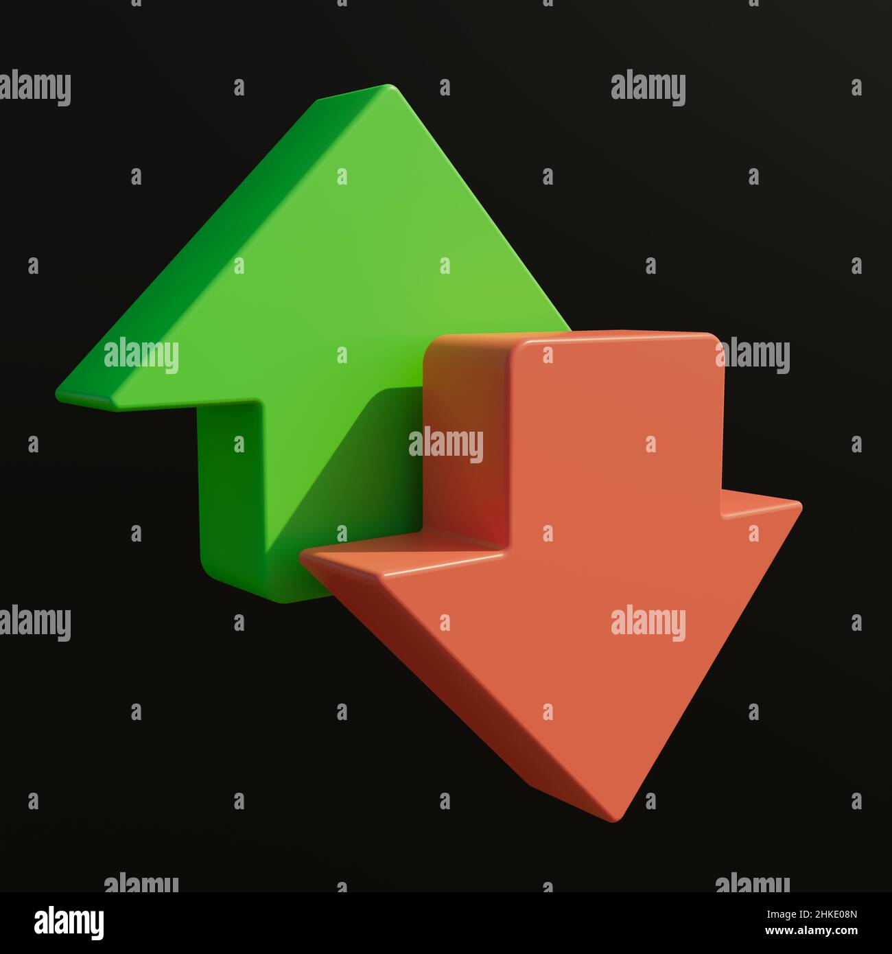 Green upward and red downward pointing arrows. 3D rendering ...