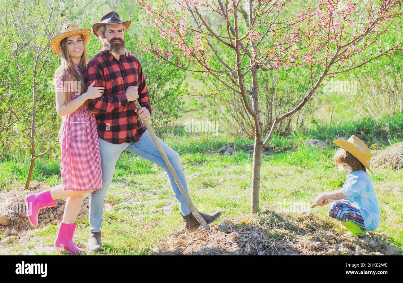 Family plant in tree garden at spring. Group work in springtime yard ...