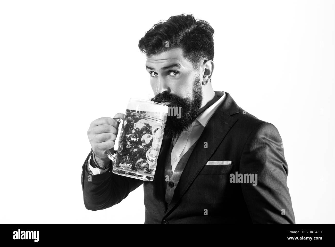 Man with beer. Man or businessman drinks beer on white background ...