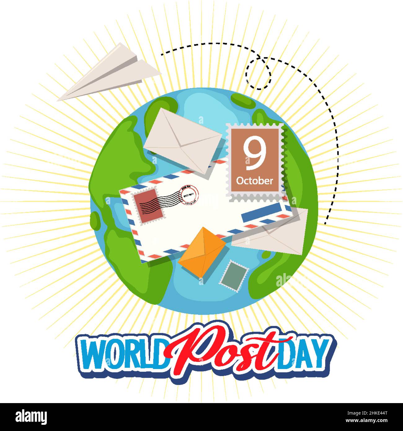 World Post Day banner with envelope and stamp on earth illustration ...