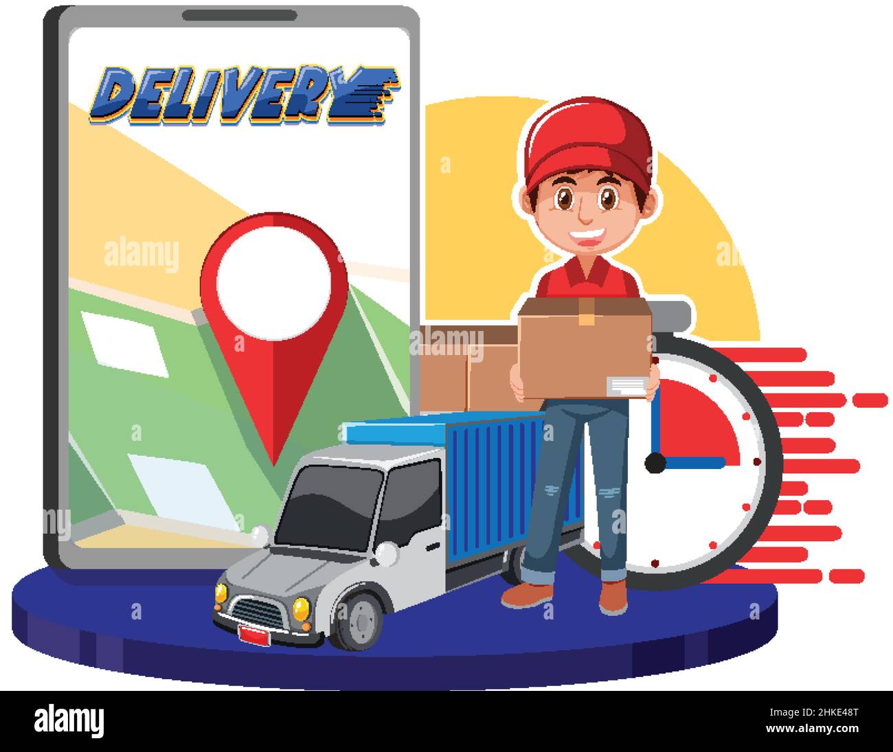 Courier holding a package with location pin on smartphone display ...