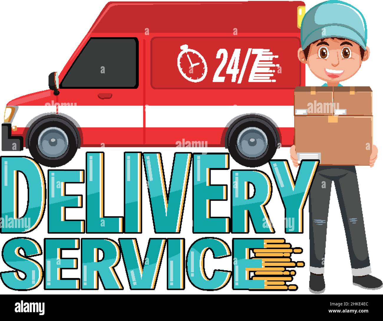 Delivery Service wordmark with courier delivering packages illustration ...