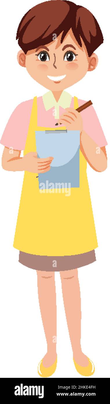 Young female waitress taking an order cartoon character on white ...