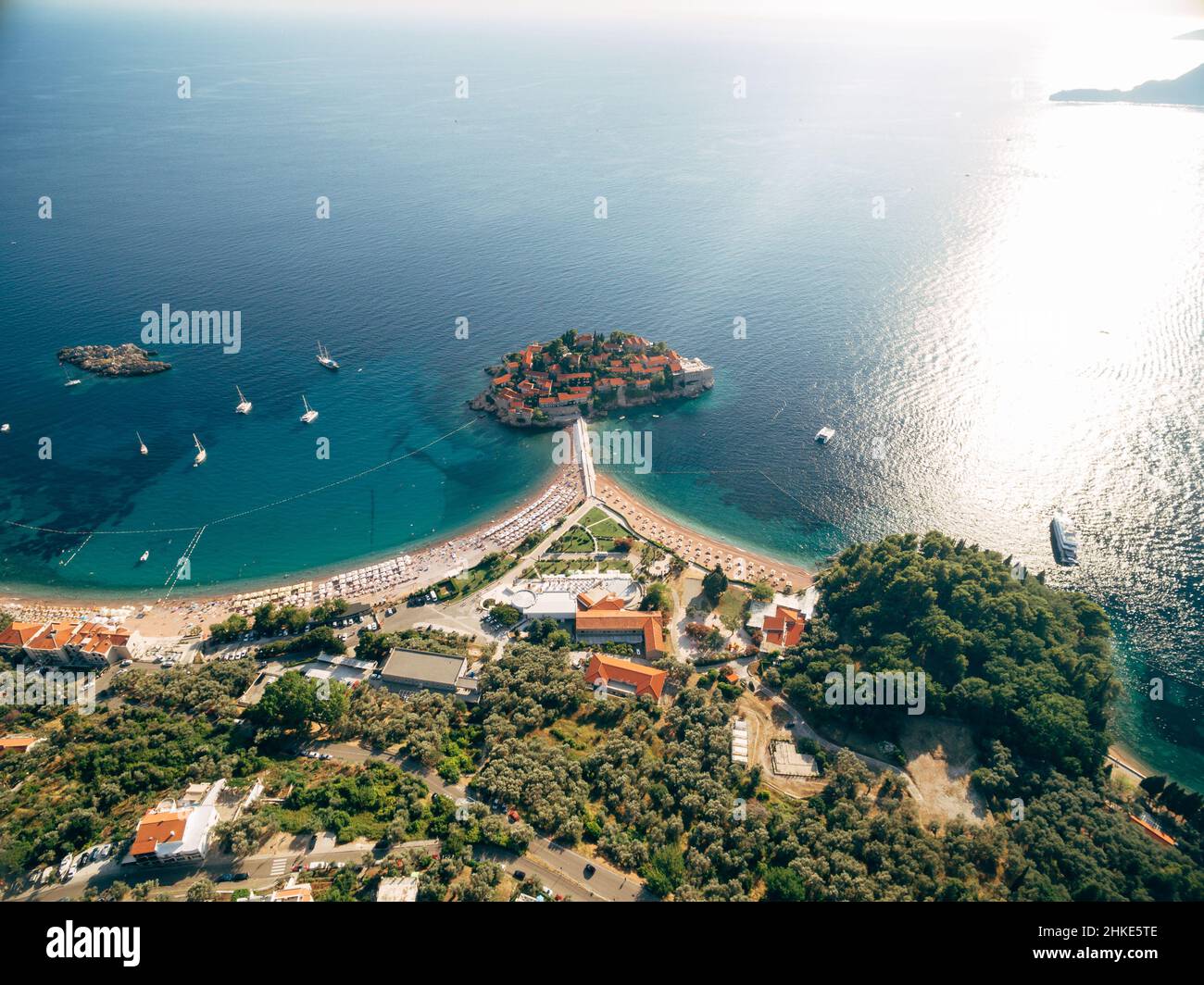 Aerial view to the island of Sveti Stefan in Kotor Bay. Montenegro ...