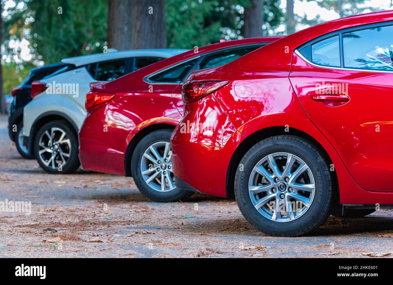 Cars parked in the parking lot. Closeup of rear, back side of red car ...
