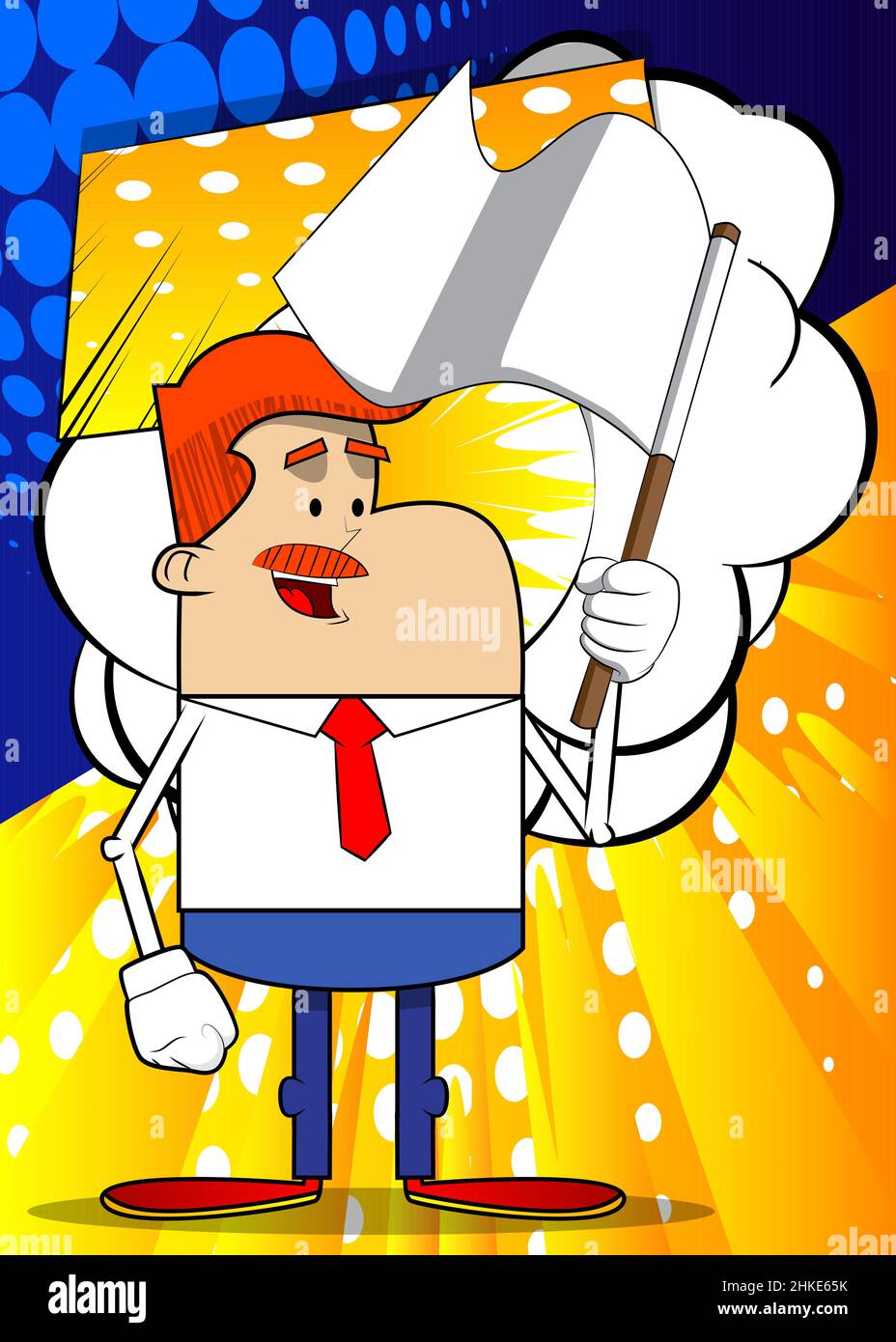 Simple retro cartoon of a businessman holds white flag of surrender ...